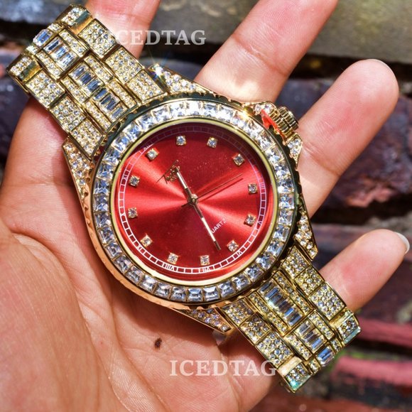 Accessories | Hiphop Bling Mens Red Face Dial Luxury Watch | Poshmark